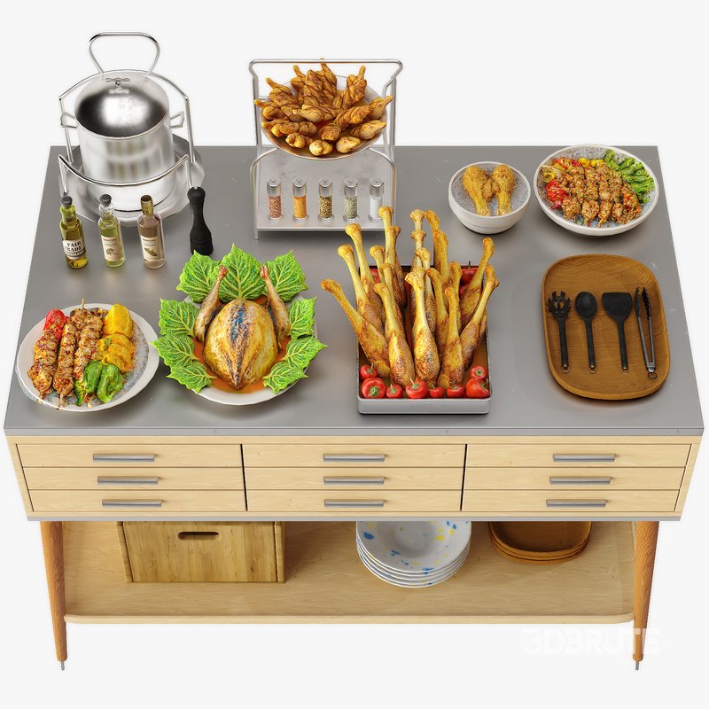 Food Serving Table with Poultry Dishes 3d model Buy Download 3dbrute