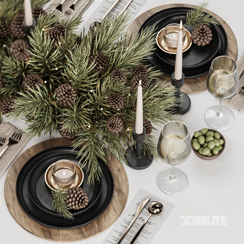 Winter Pine Table Setting Elegance - Download -3d Models Free -3dbrute