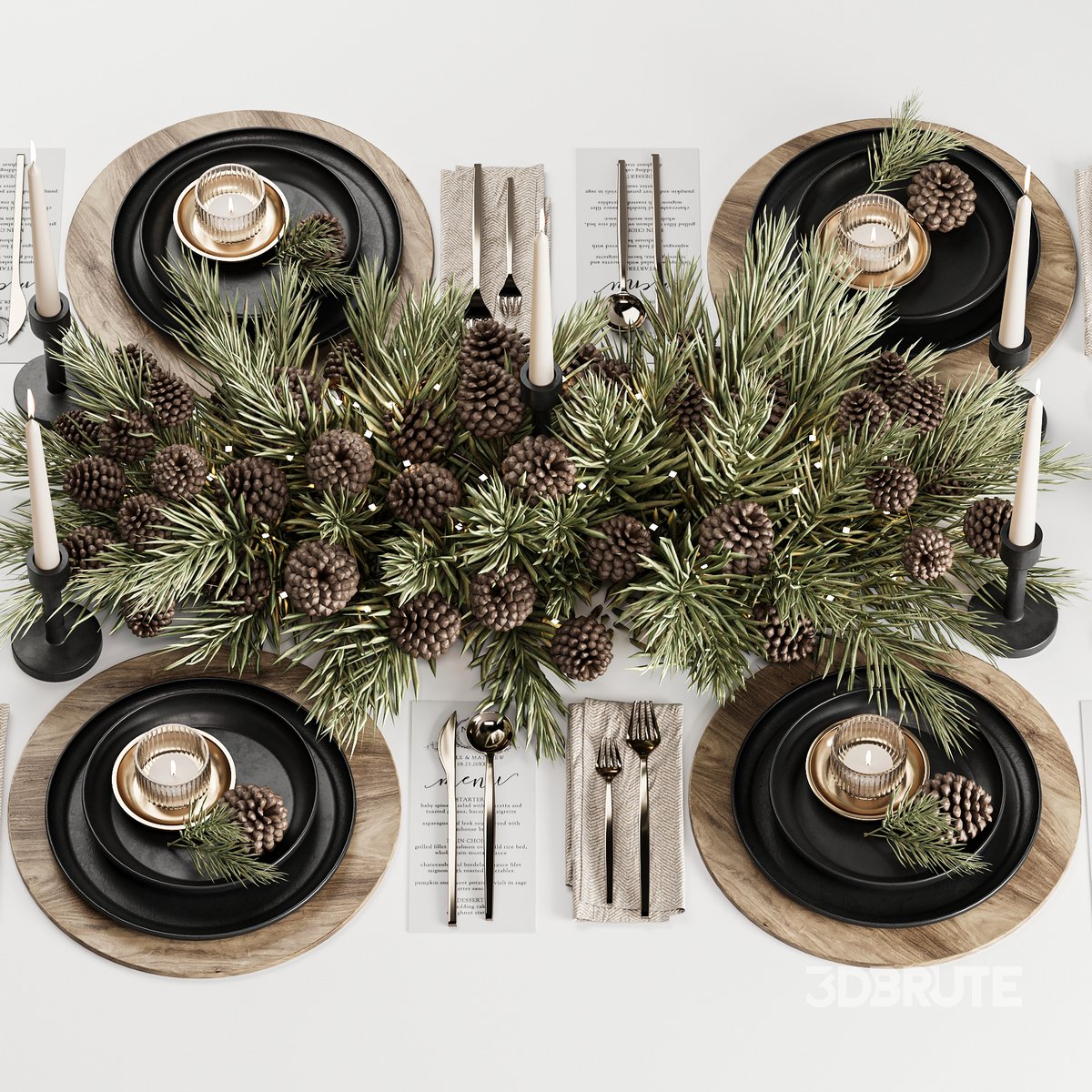 Winter Pine Table Setting Elegance - Download -3d Models Free -3dbrute
